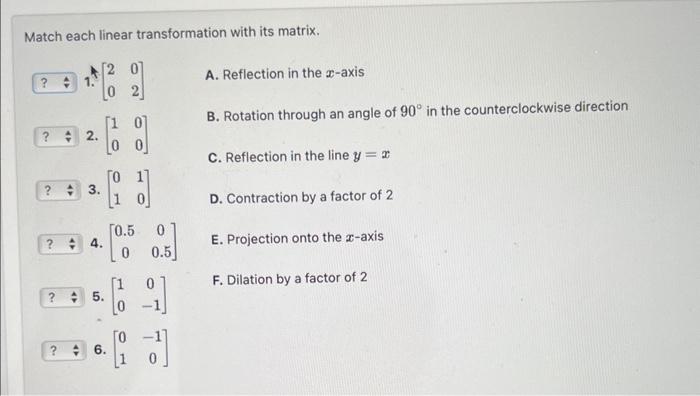 Solved Match each linear transformation with its matrix. 1. | Chegg.com