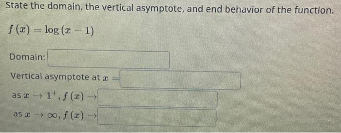 Solved State the domain, the vertical asymptote, and end | Chegg.com