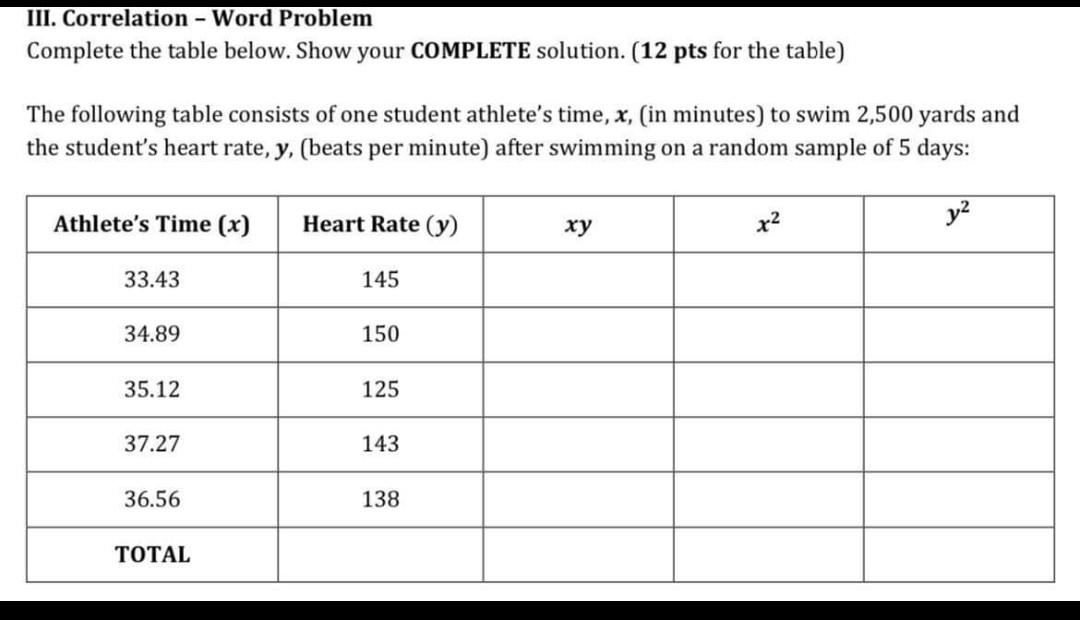Solved III. Correlation - Word Problem Complete the table | Chegg.com