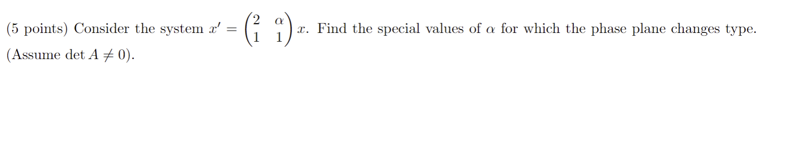 Solved (5 ﻿points) ﻿Consider the system x'=([2,α],[1,1])x. | Chegg.com