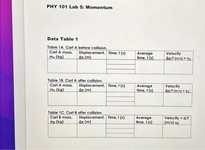 Phy 101 Lab 5 Momentum Data Table 1 