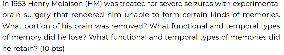 Solved In 1953 ﻿Henry Molaison (HM) ﻿was treated for severe | Chegg.com