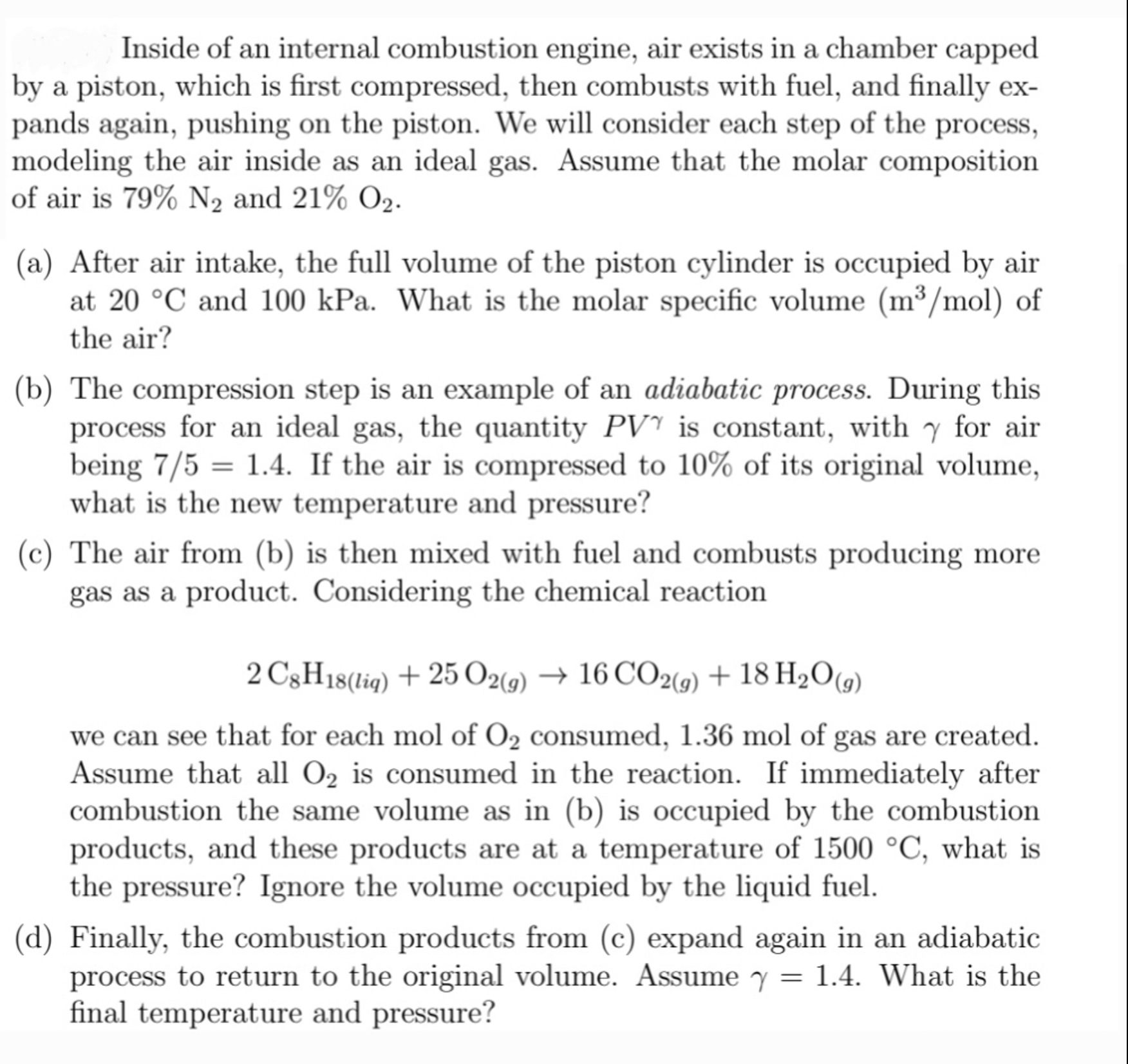 Solved Inside of an internal combustion engine, air exists | Chegg.com