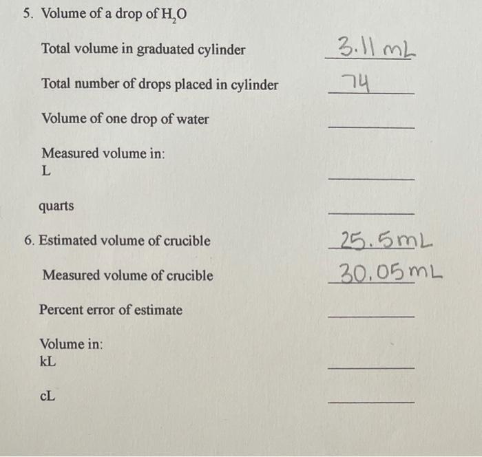 Solved 5. Volume of a drop of H,0 Total volume in graduated | Chegg.com