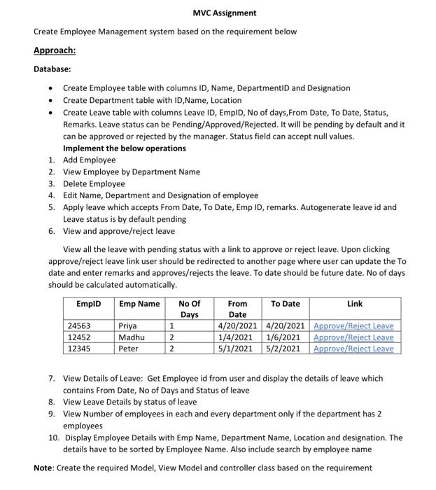 Solved MVC Assignment Create Employee Management system | Chegg.com