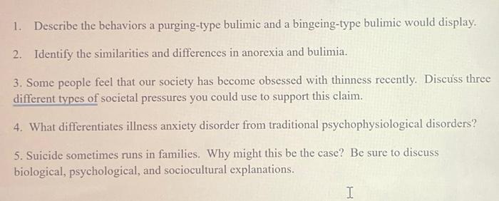 Solved 1. Describe the behaviors a purging-type bulimic and | Chegg.com
