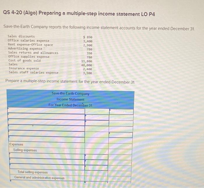 Solved QS 4-20 (Algo) Preparing a multiple-step income | Chegg.com