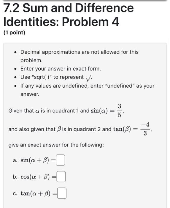Solved 7.2 Sum and Difference Identities: Problem 4 (1 | Chegg.com