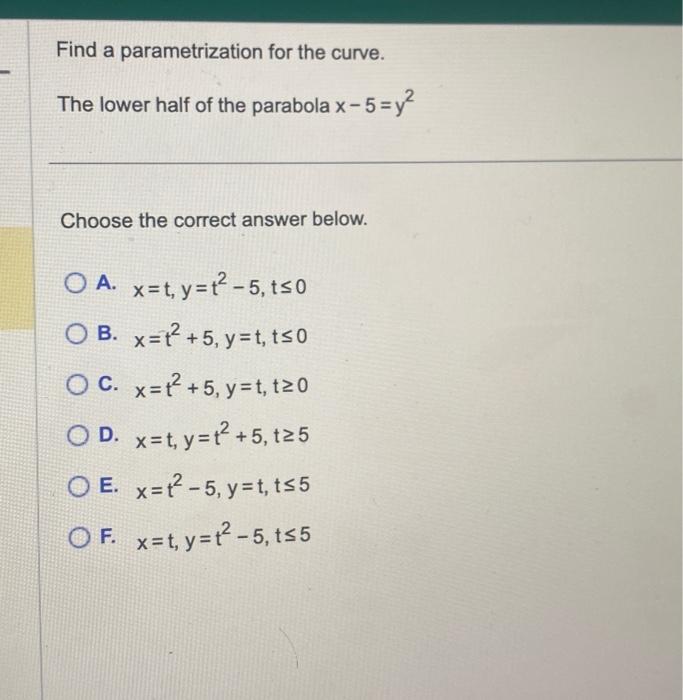 Solved Find a parametrization for the curve. The lower half | Chegg.com