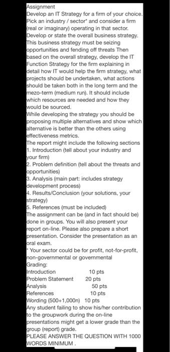 Solved AssignmentDevelop an IT Strategy for a firm of your | Chegg.com