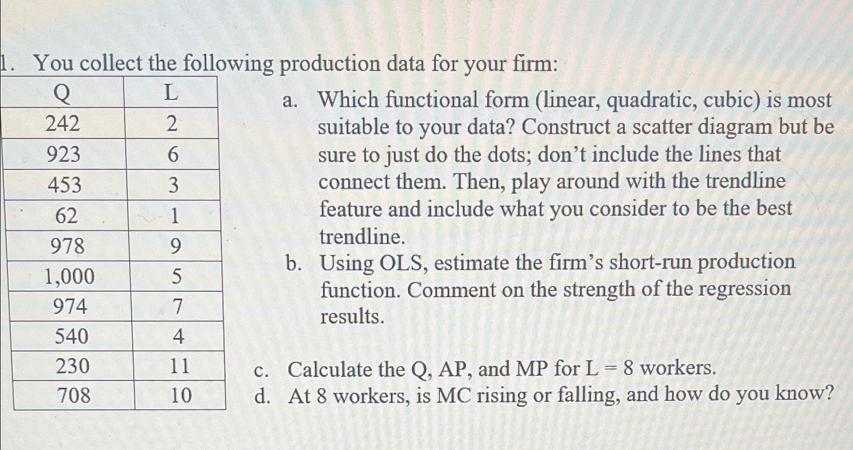 Solved You collect the following production data for your | Chegg.com