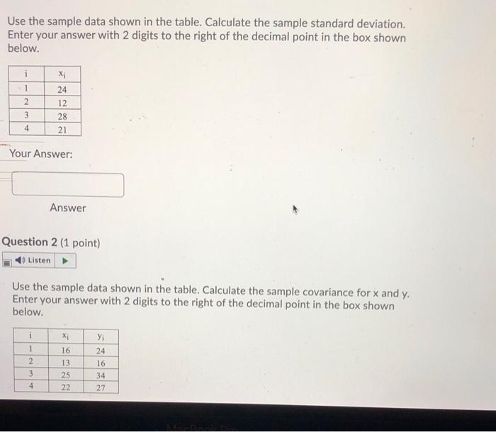 Solved Use the sample data shown in the table. Calculate the | Chegg.com