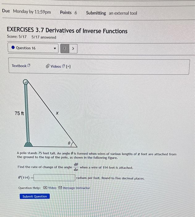 Solved A pole stands 75 feet tall. An angle θ is formed when | Chegg.com
