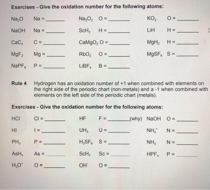 Solved Exercises - Give the oxidation number for the | Chegg.com