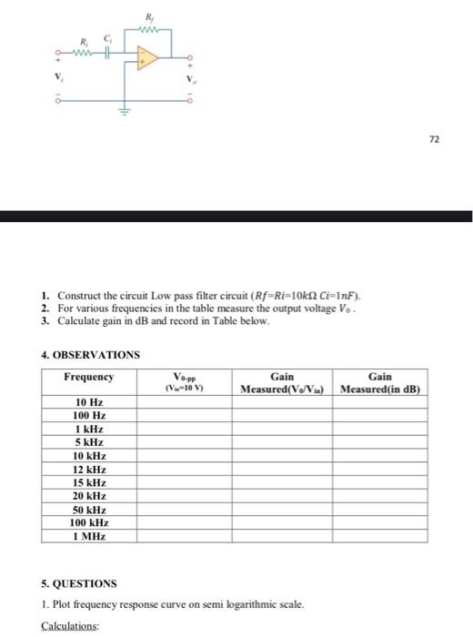 1. Construct the circuit Low pass filter circuit | Chegg.com