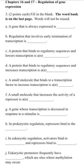 Solved Chapters 16 and 17 - Regulation of gene expression 3. | Chegg.com
