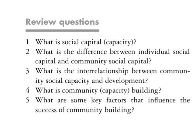 Solved Review questions 1 What is social capital (capacity)? | Chegg.com