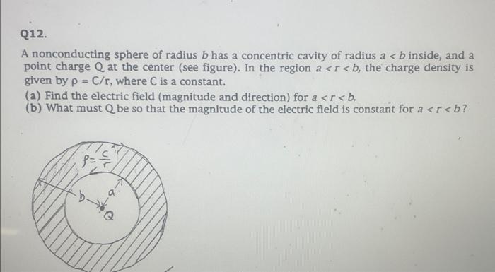 Solved A nonconducting sphere of radius b has a concentric | Chegg.com