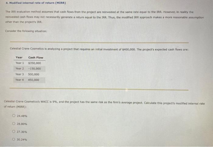 Solved 4. Modified internal rate of return (MIRR) The IRR | Chegg.com