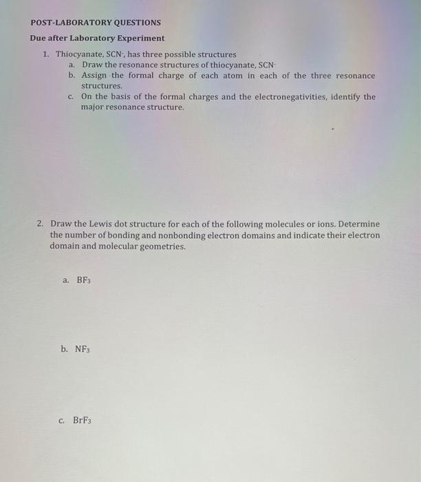 Solved POST-LABORATORY QUESTIONS Due after Laboratory | Chegg.com