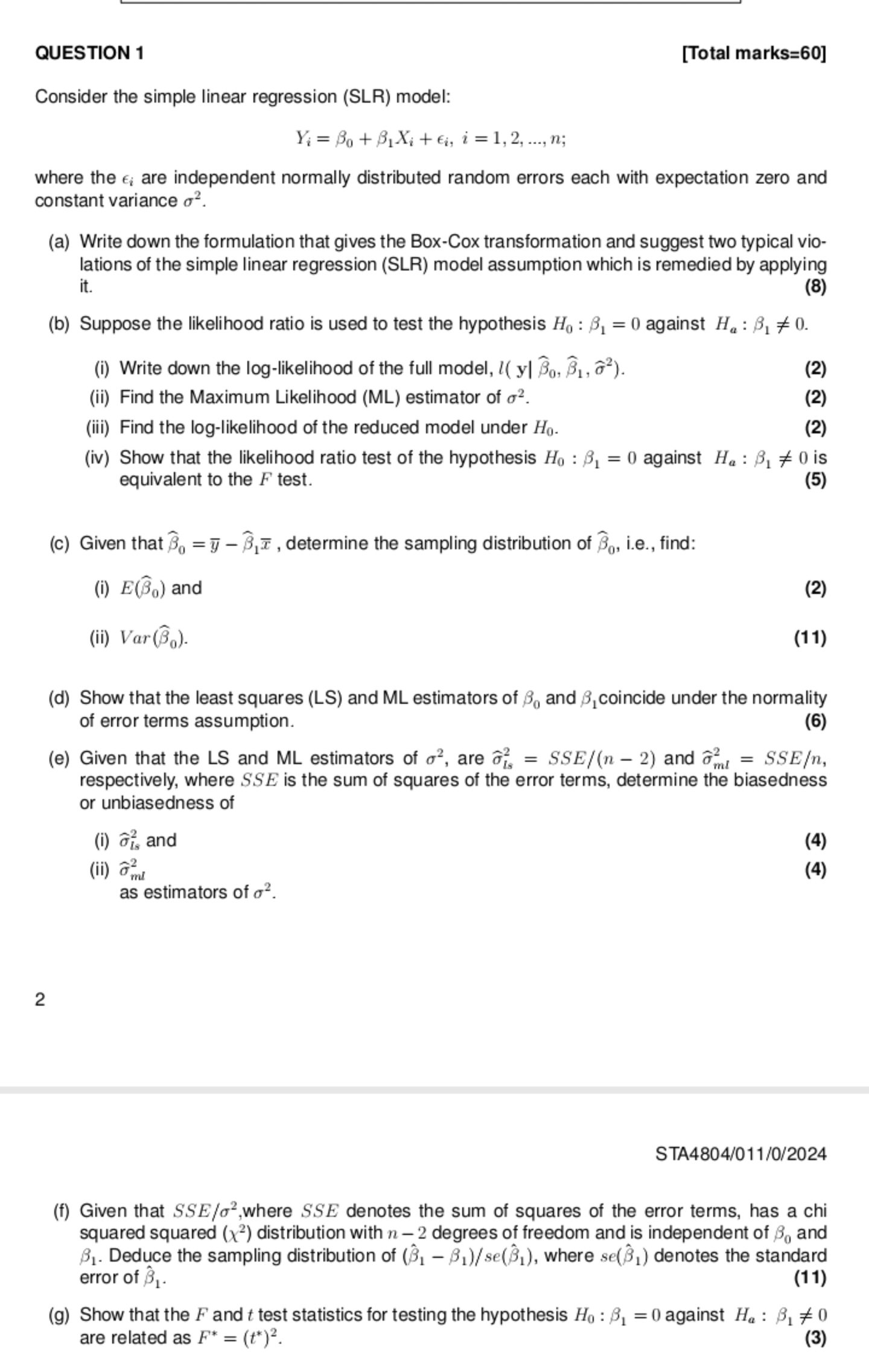 Solved QUESTION 1Consider the simple linear regression (SLR) | Chegg.com