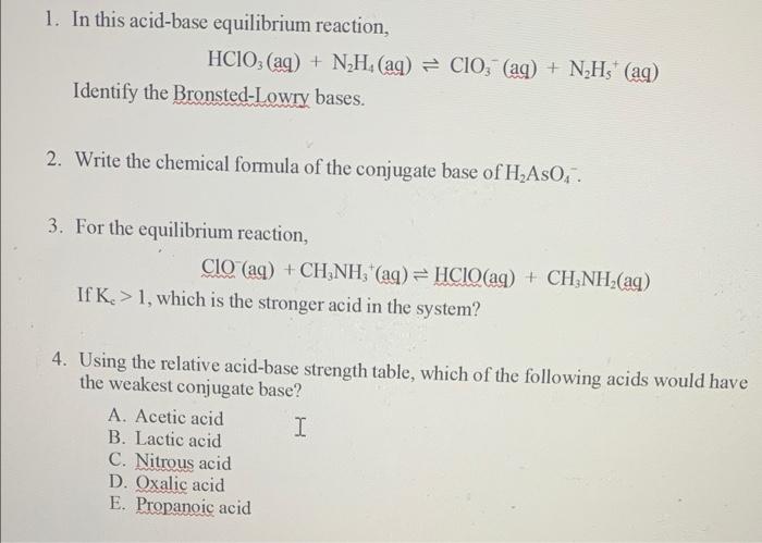 Solved 1. In this acid-base equilibrium reaction, HCIO3(aq) | Chegg.com