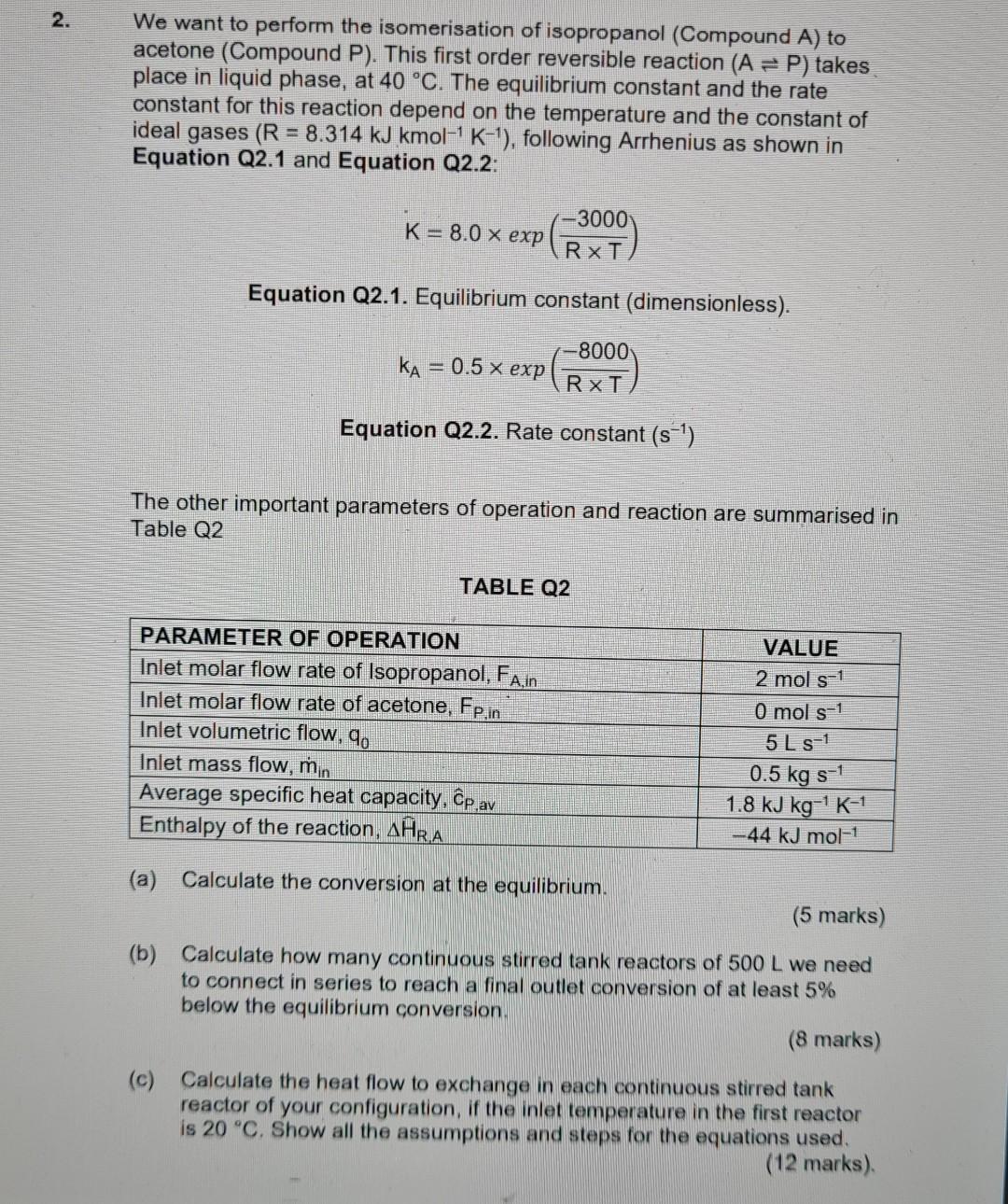 Solved We want to perform the isomerisation of isopropanol | Chegg.com