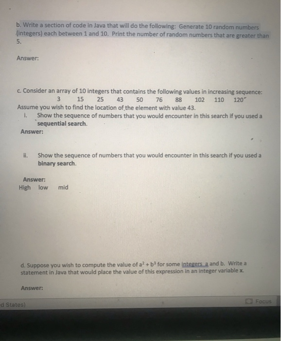 Solved b. Write a section of code in Java that will do the | Chegg.com