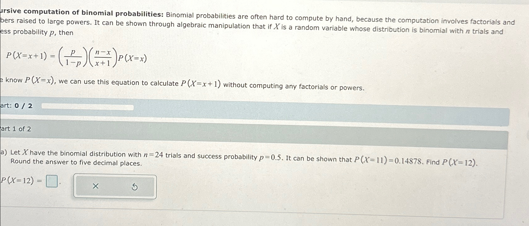 Solved ursive computation of binomial probabilities: | Chegg.com