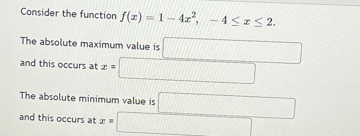 Solved Consider the function f(x)=1-4x2,-4≤x≤2.The absolute | Chegg.com