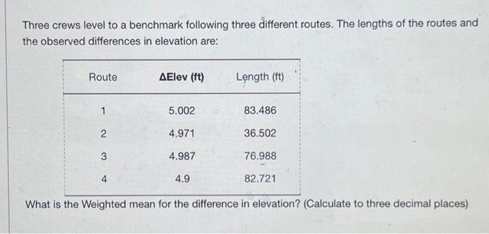 Solved Three crews level to a benchmark following three | Chegg.com