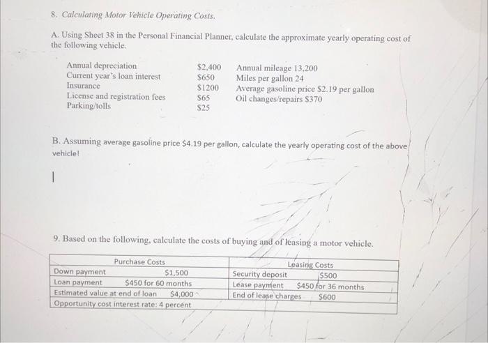 Solved 8. Calculating Motor Vehicle Operating Costs. A. | Chegg.com