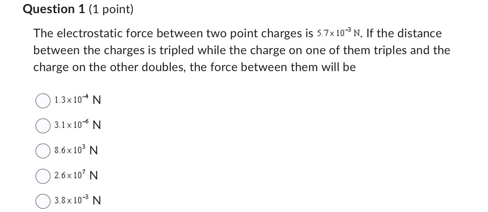 Solved Question 1 (1 ﻿point)The electrostatic force between | Chegg.com