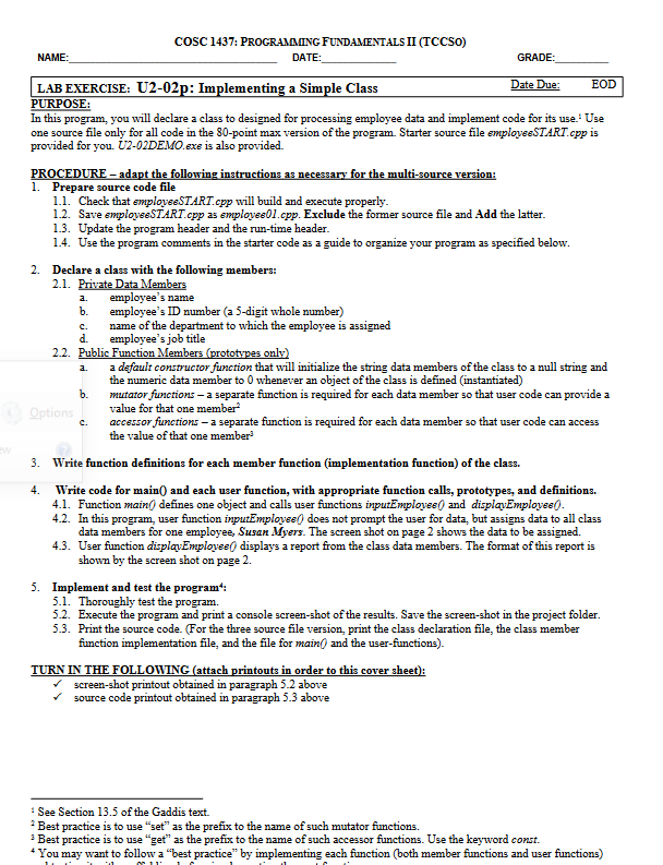 Solved LAB EXERCISE: U2-02p: Implementing a Simple ClassIn | Chegg.com