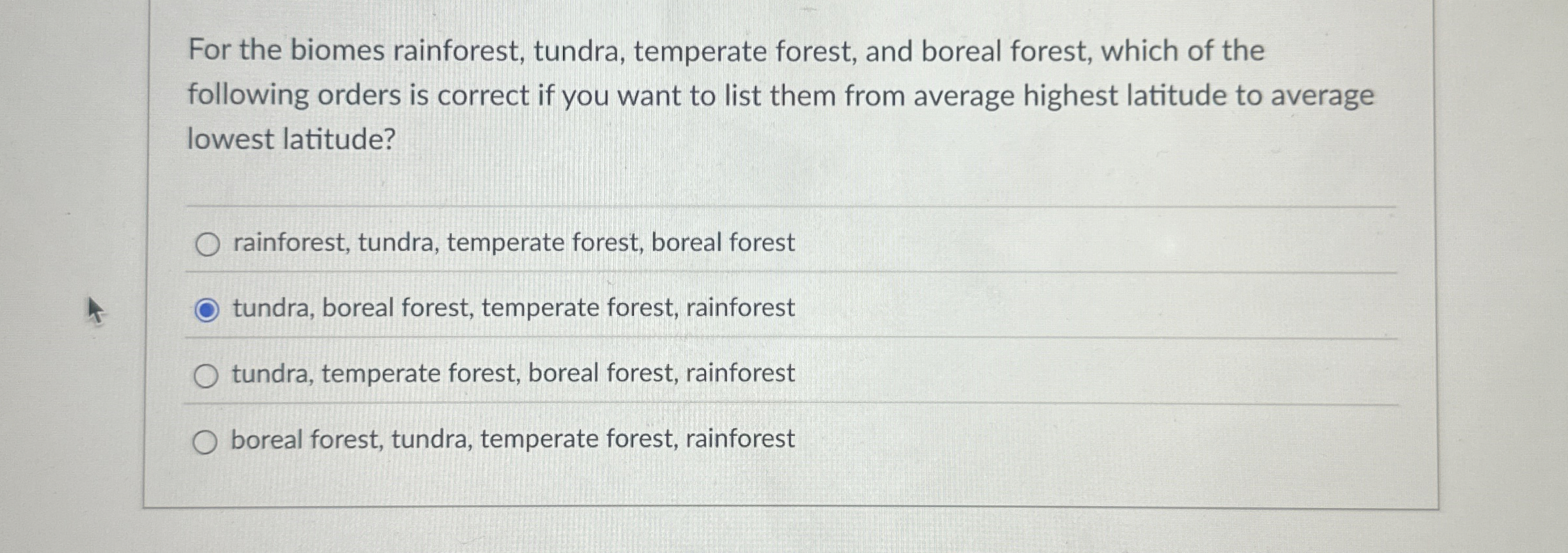 Solved For the biomes rainforest, tundra, temperate forest, | Chegg.com