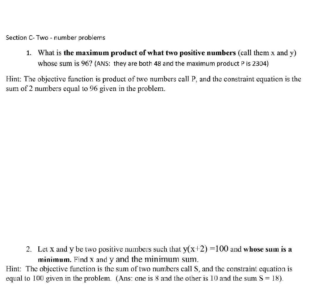 Solved Section C-Two - number problems 1. What is the | Chegg.com