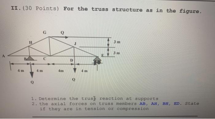 Solved II. (30 Points) For the truss structure as in the | Chegg.com