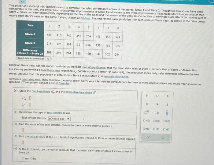 Solved The owner of a chain of mini-markets wants to compare | Chegg.com