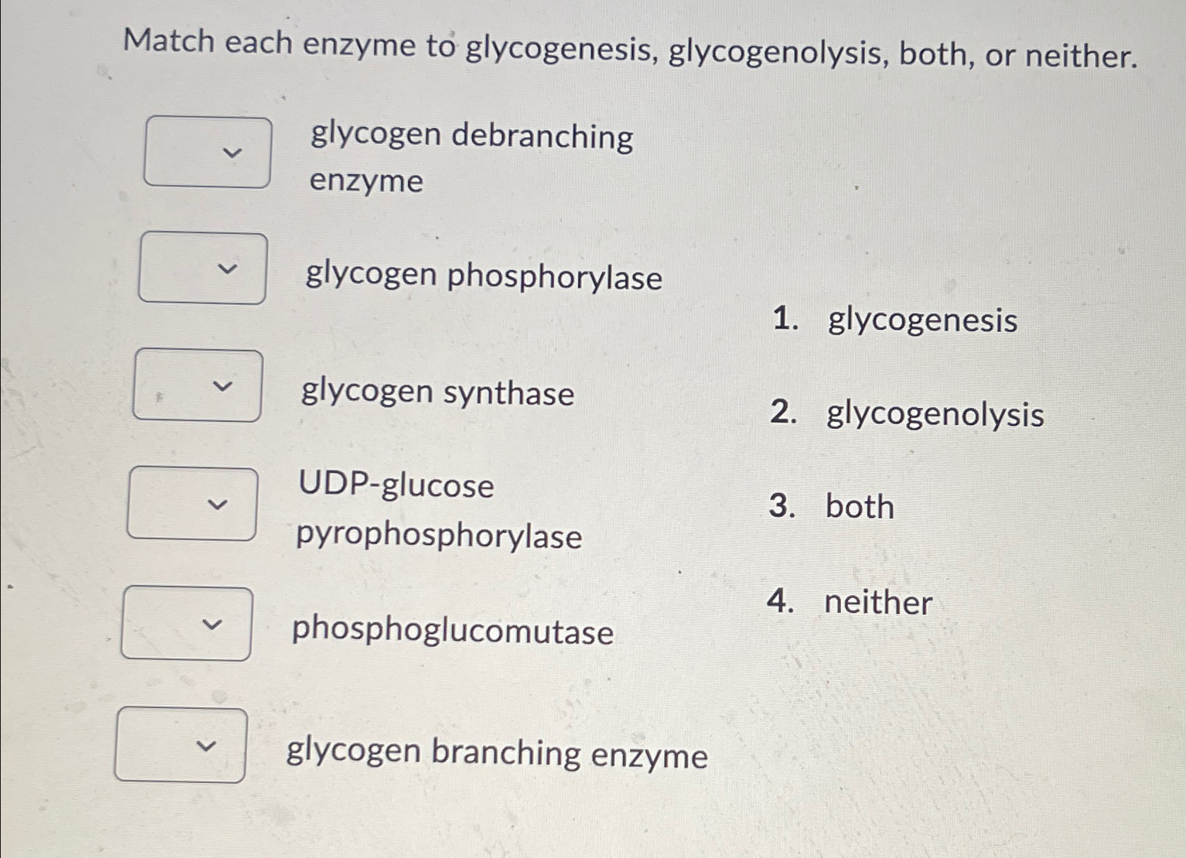 Solved Match each enzyme to glycogenesis, glycogenolysis, | Chegg.com