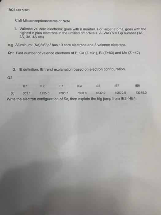Solved Sp23 CHEM103 Ch6 Misconceptions/ltems of Note 1. | Chegg.com