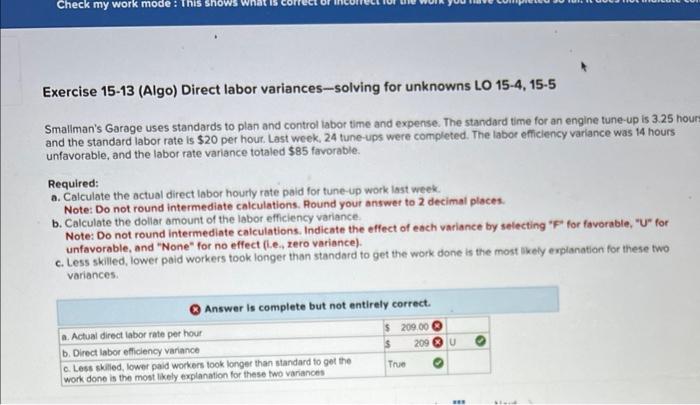 Solved Exercise 15-13 (Algo) Direct labor variances-solving | Chegg.com
