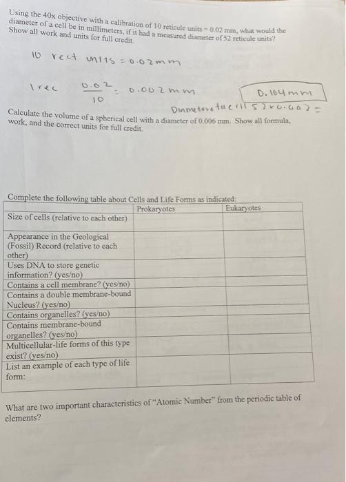 Solved Using the 40x objective with a calibration of 10 | Chegg.com