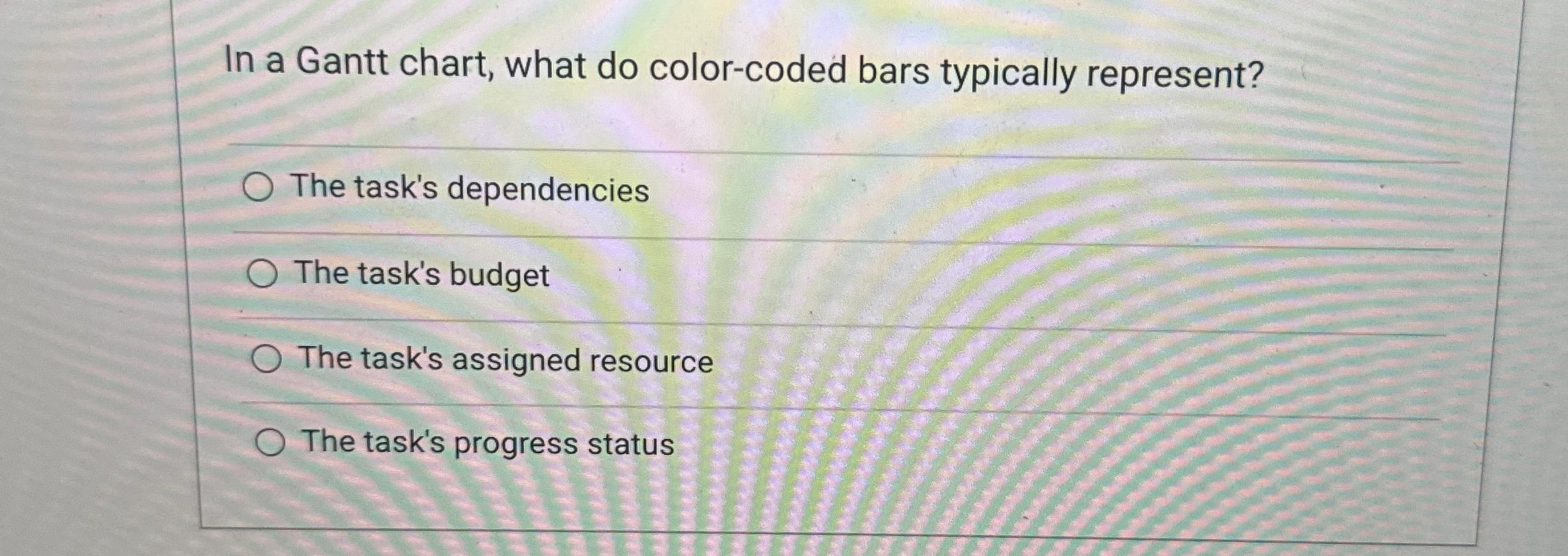 Solved In a Gantt chart, what do color-coded bars typically | Chegg.com