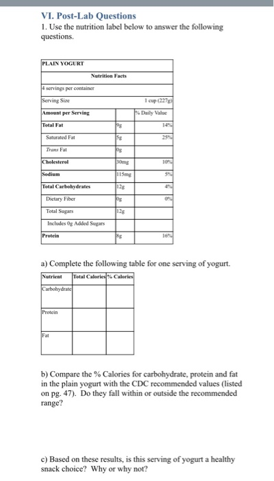 Solved VI. Post-Lab Questions 1. Use the nutrition label | Chegg.com