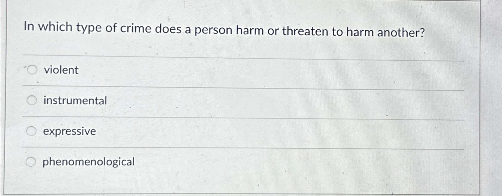 Solved In which type of crime does a person harm or threaten | Chegg.com