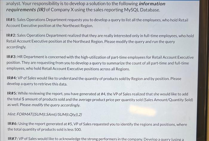 Solved IR\#1: Sales Operations Department requests you to | Chegg.com