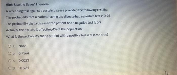 Solved Hint: Use the Bayes' Theorem A screening test against | Chegg.com