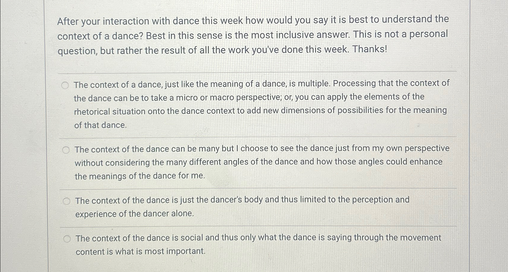 Solved After your interaction with dance this week how would | Chegg.com