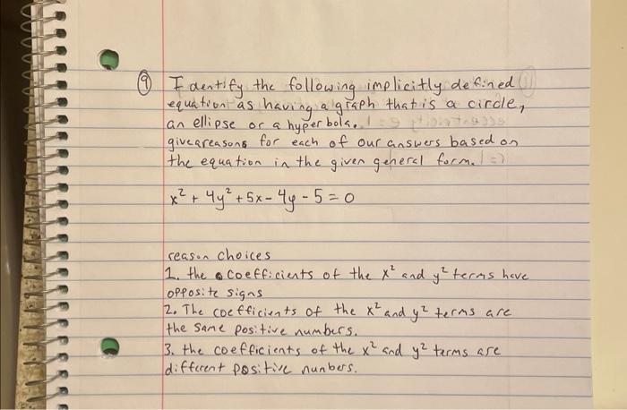 Solved 9) Identify the following implicitly defined equation | Chegg.com
