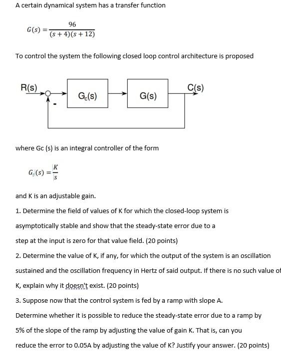 Solved A certain dynamical system has a transfer function | Chegg.com